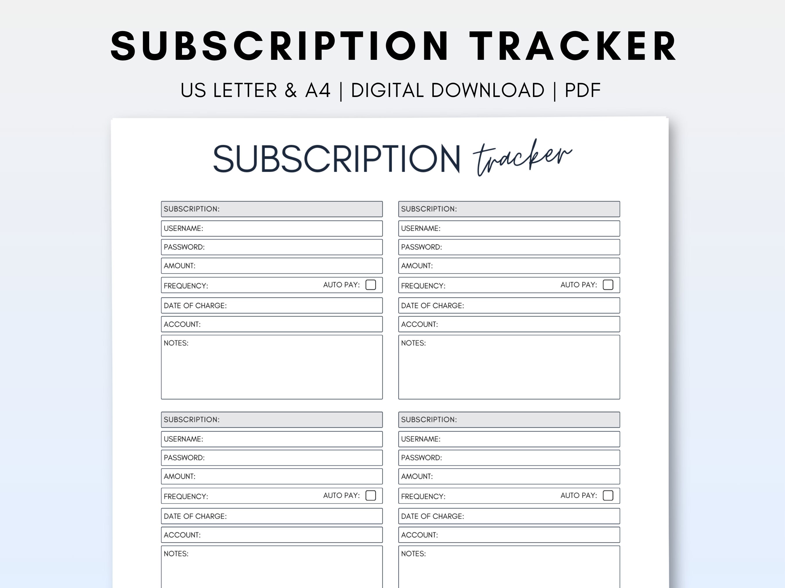 Subscription Tracker Printable PDF, Auto Pay Tracker, Monthly ...