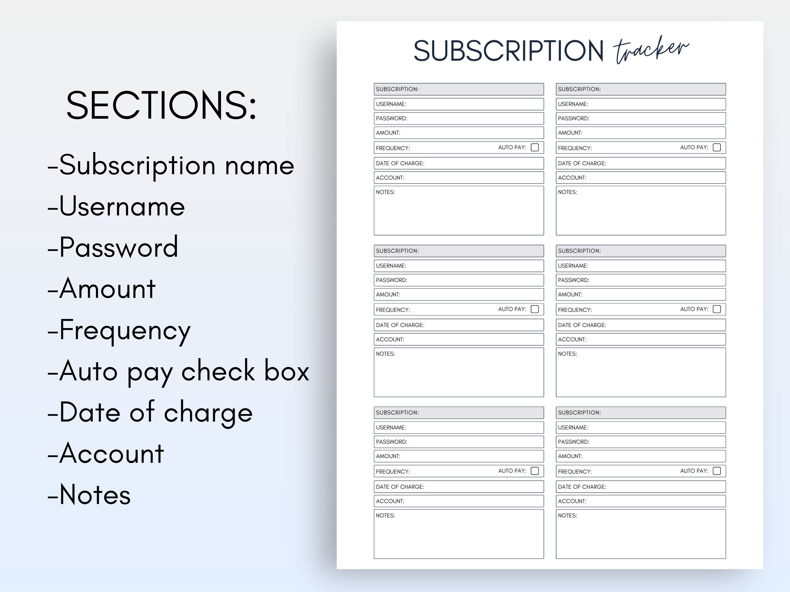 Subscription Tracker Printable PDF, Auto Pay Tracker, Monthly ...