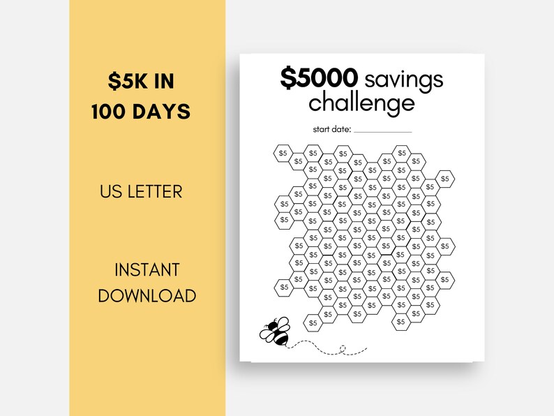 5000 Savings Challenge Printable, 5k in 100 Days, 5k Savings Challenge ...