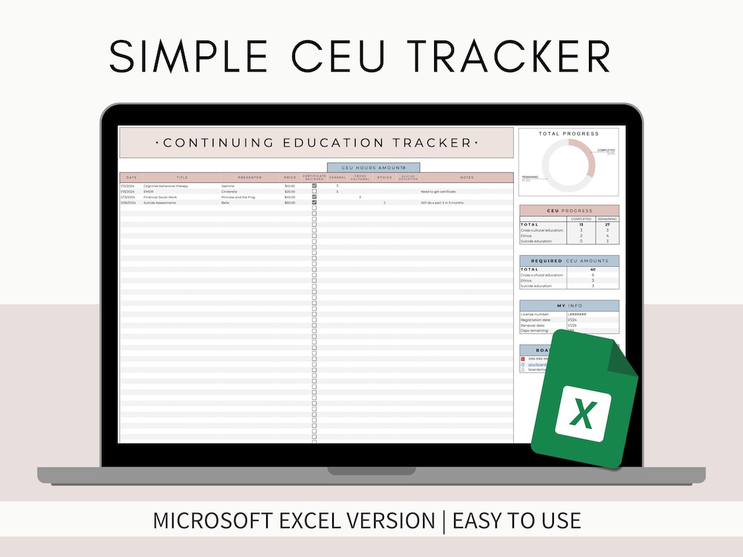 CEU Excel Tracker Template: Continuing Education Log (digital Download ...