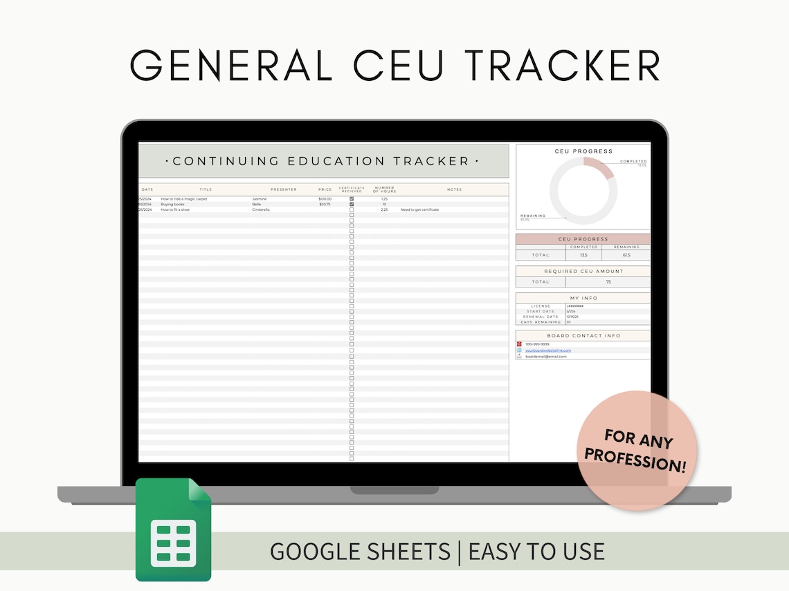 CEU Tracker Template Google Sheets, Continuing Education Tracker ...