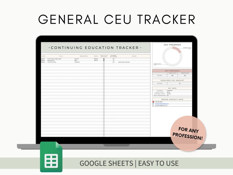 CEU Tracker Template Google Sheets, Continuing Education Tracker ...