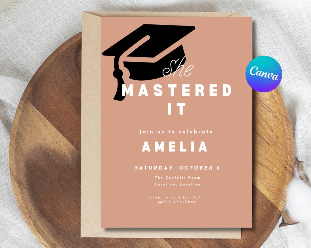 Masters Graduation Invitation Template: She Mastered It, Editable Canva ...