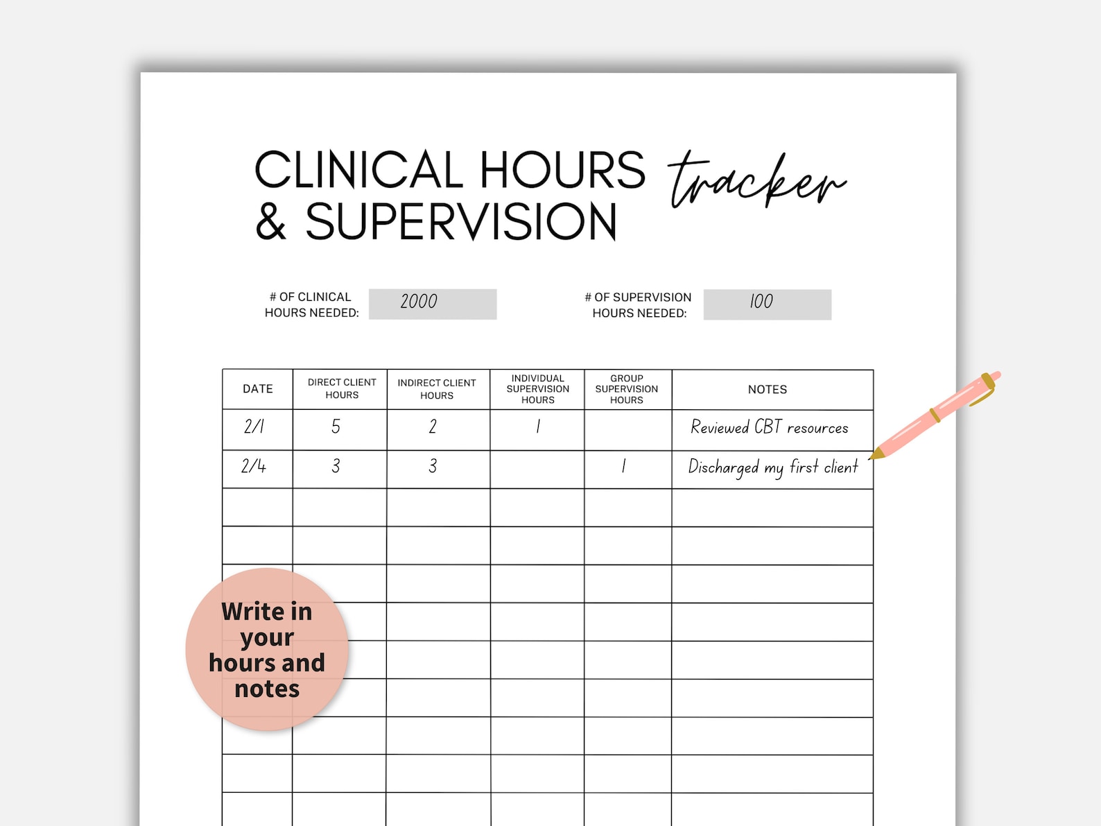 Clinical Hours Tracker Template, Clinical Hours Log, Social Work ...