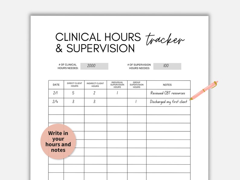Clinical Hours Tracker Template, Clinical Hours Log, Social Work ...