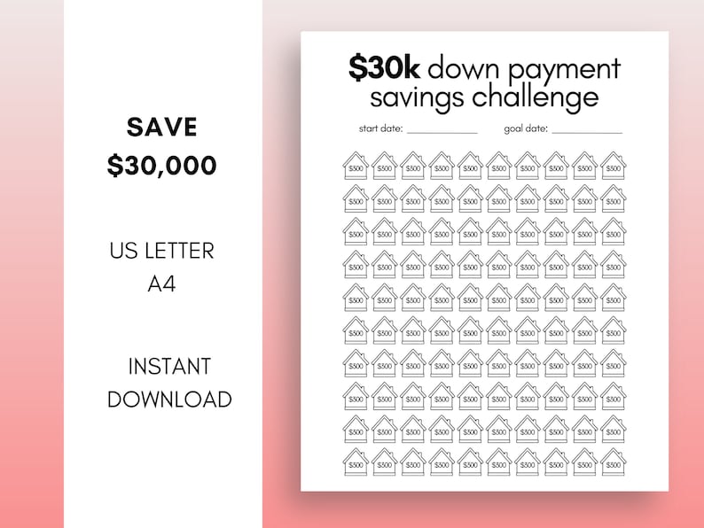 Home Savings Challenge Printable, Down Payment Tracker, Home Down ...