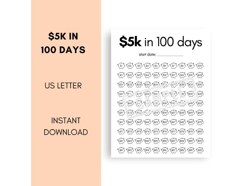 5000 Savings Challenge Printable, 5k in 100 Days, 5k Savings Challenge ...