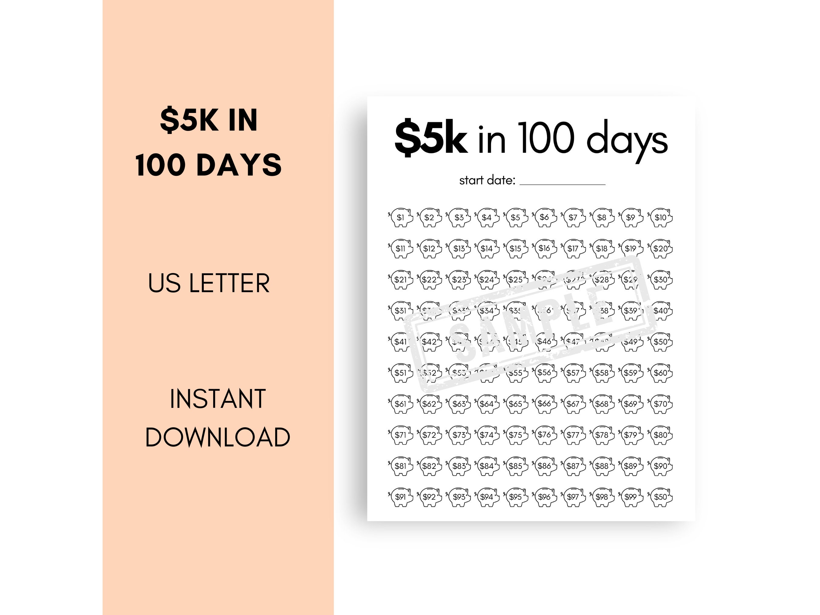 5000 Savings Challenge Printable, 5k in 100 Days, 5k Savings Challenge ...