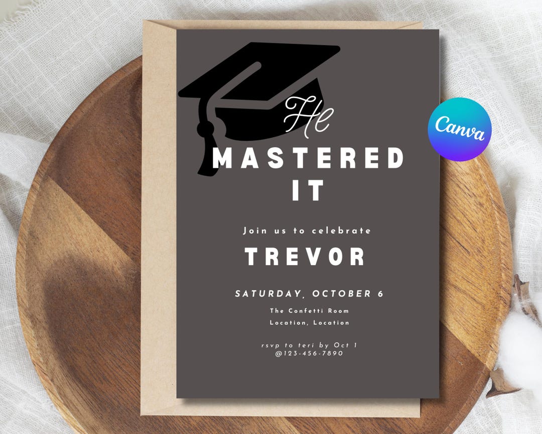 Masters Graduation Invitation: He Mastered It, Canva Template (digital ...