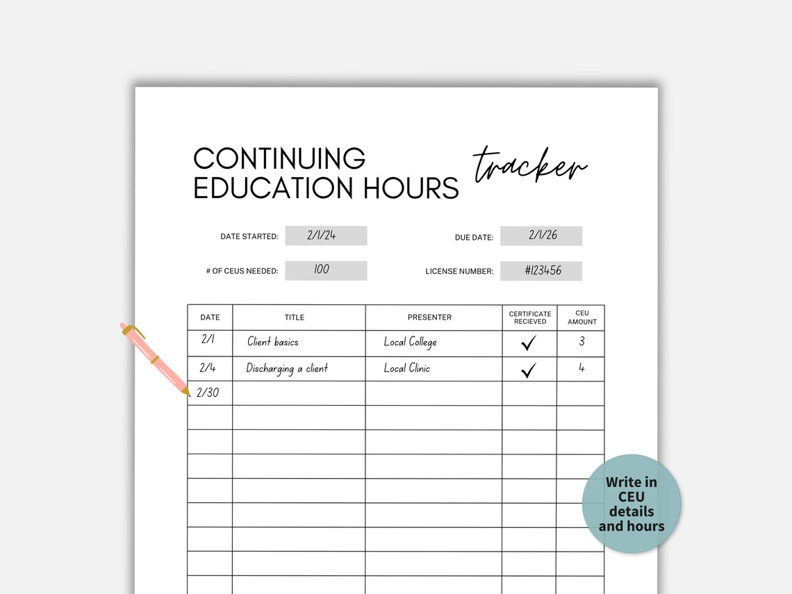 CEU Tracker Template Printable Pdf, Continuing Education Tracker ...