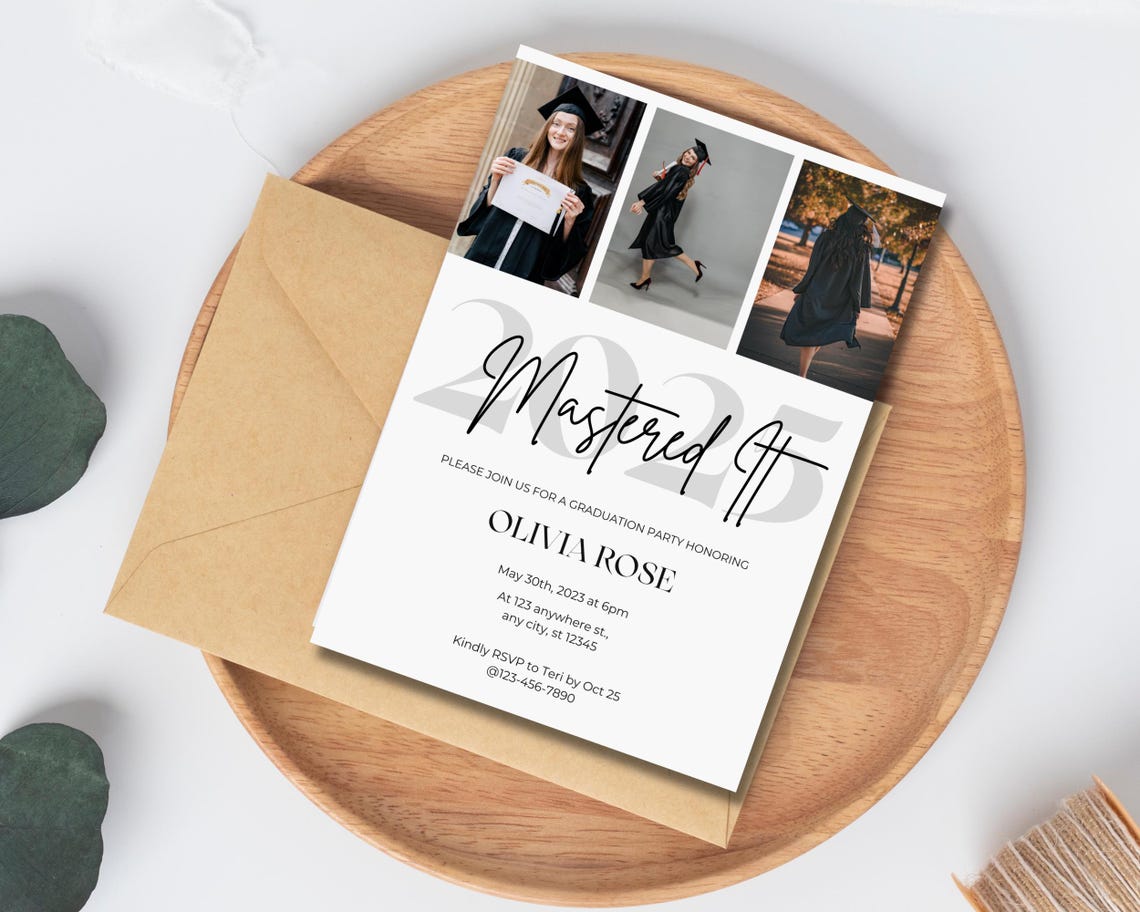 Masters Graduation Invitation: She Mastered It, He Mastered It, Canva ...