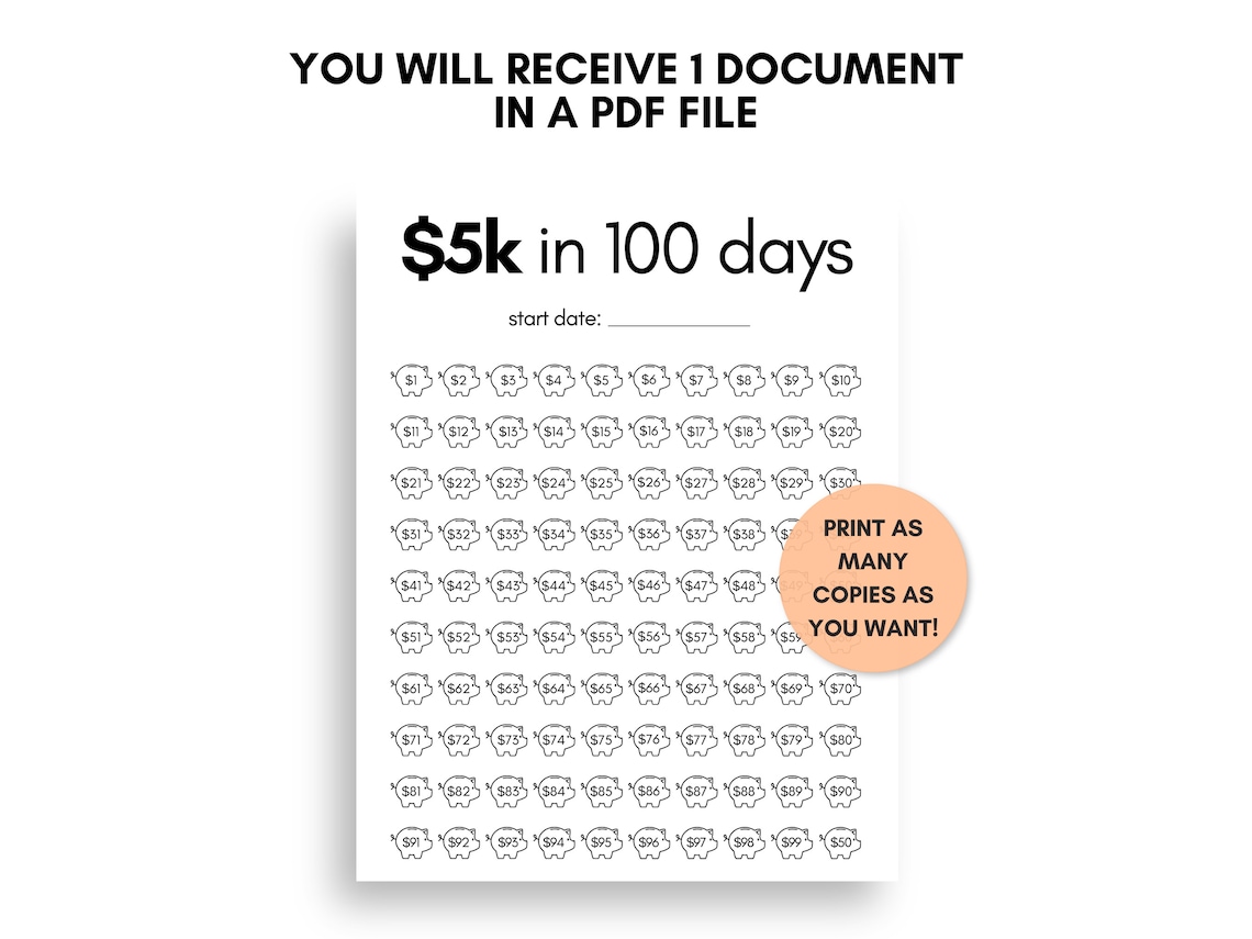 5000 Savings Challenge Printable, 5k in 100 Days, 5k Savings Challenge ...