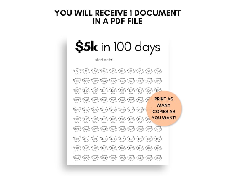 5000 Savings Challenge Printable, 5k in 100 Days, 5k Savings Challenge ...