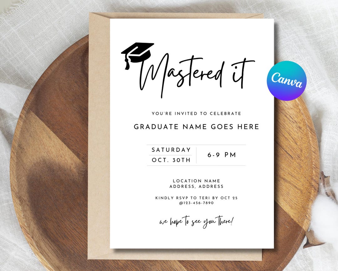 Masters Graduation Invitation: Mastered It, Editable Canva Template ...