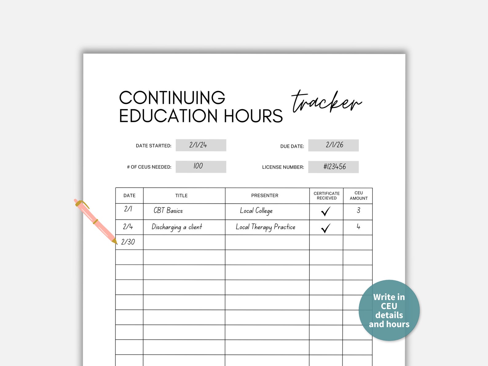 Clinical Hours Tracker Template, Clinical Hours Log, Continuing ...
