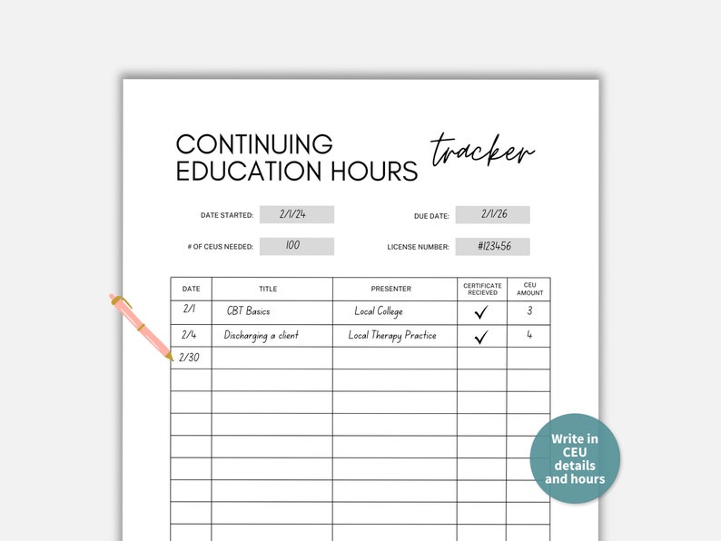 Clinical Hours Tracker Template, Clinical Hours Log, Continuing ...