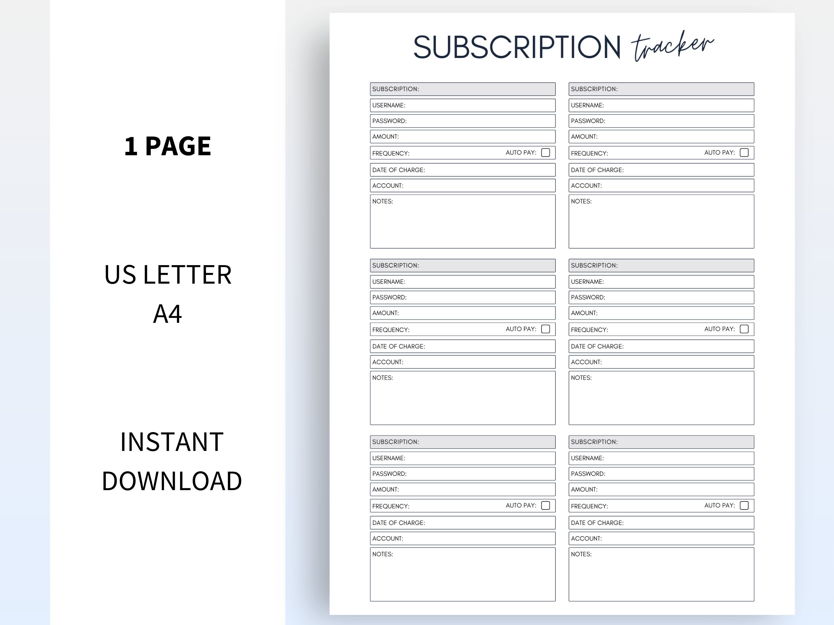 Subscription Tracker Printable PDF, Auto Pay Tracker, Monthly ...