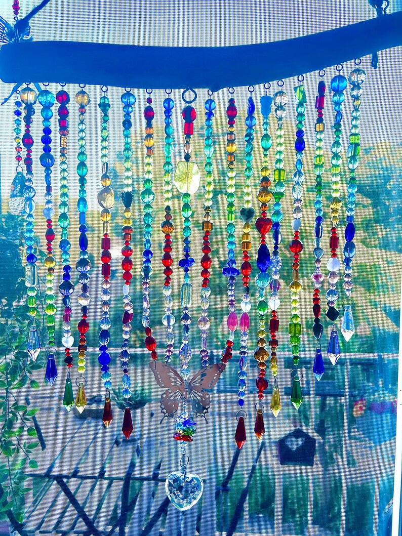 Large Boho Multi Colored Driftwood Suncatcher / Bead Curtian, Sparkling ...