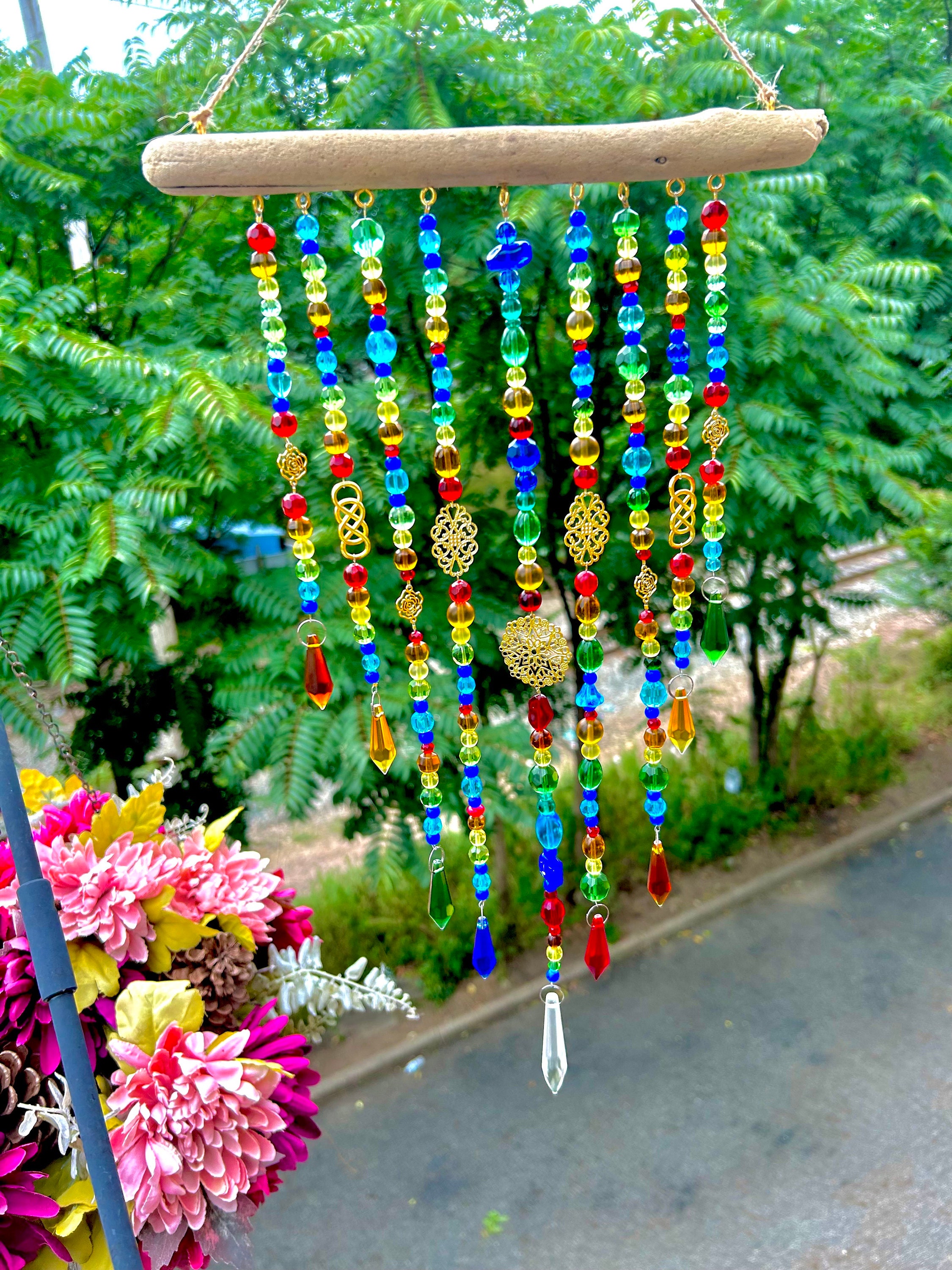 Boho Multi Colored Driftwood Suncatcher, Sparkling Glass Beaded Window ...