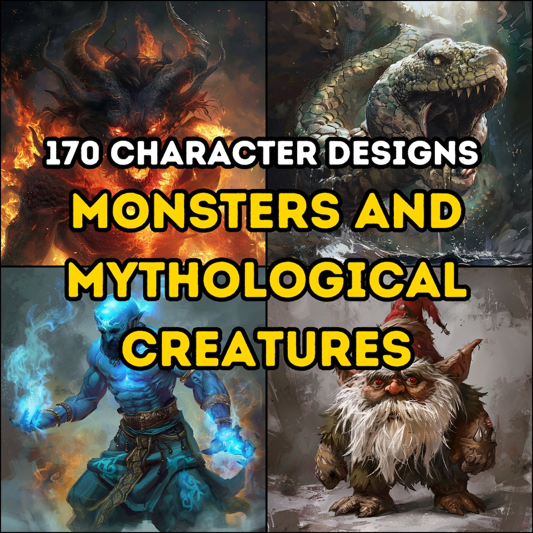 170 Monsters and Mythological Creatures Design Bundle Pack, Fantasy ...