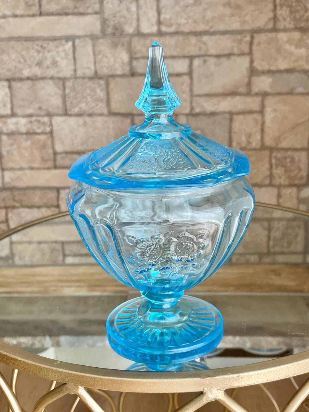 Mayfair Open Rose Lidded Candy Dish VTG Anchor Hocking Blue Glass UV Reactive Depression Glass ...