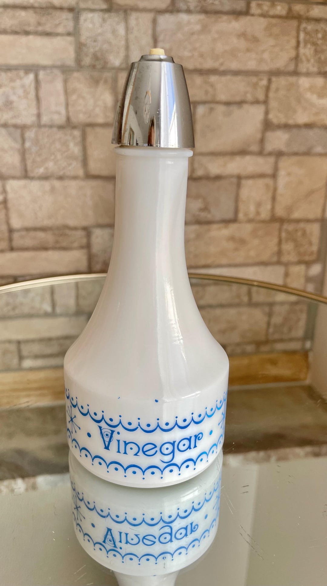 Gemco 7” Vinegar Cruet Bottle Milk Glass Blue Atomic Star Snowflake USA ...