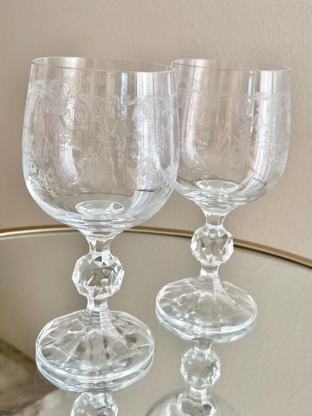 Bohemian Czech Crystal (2) White Wine Glass Goblets Etched Queen’s Lace ...
