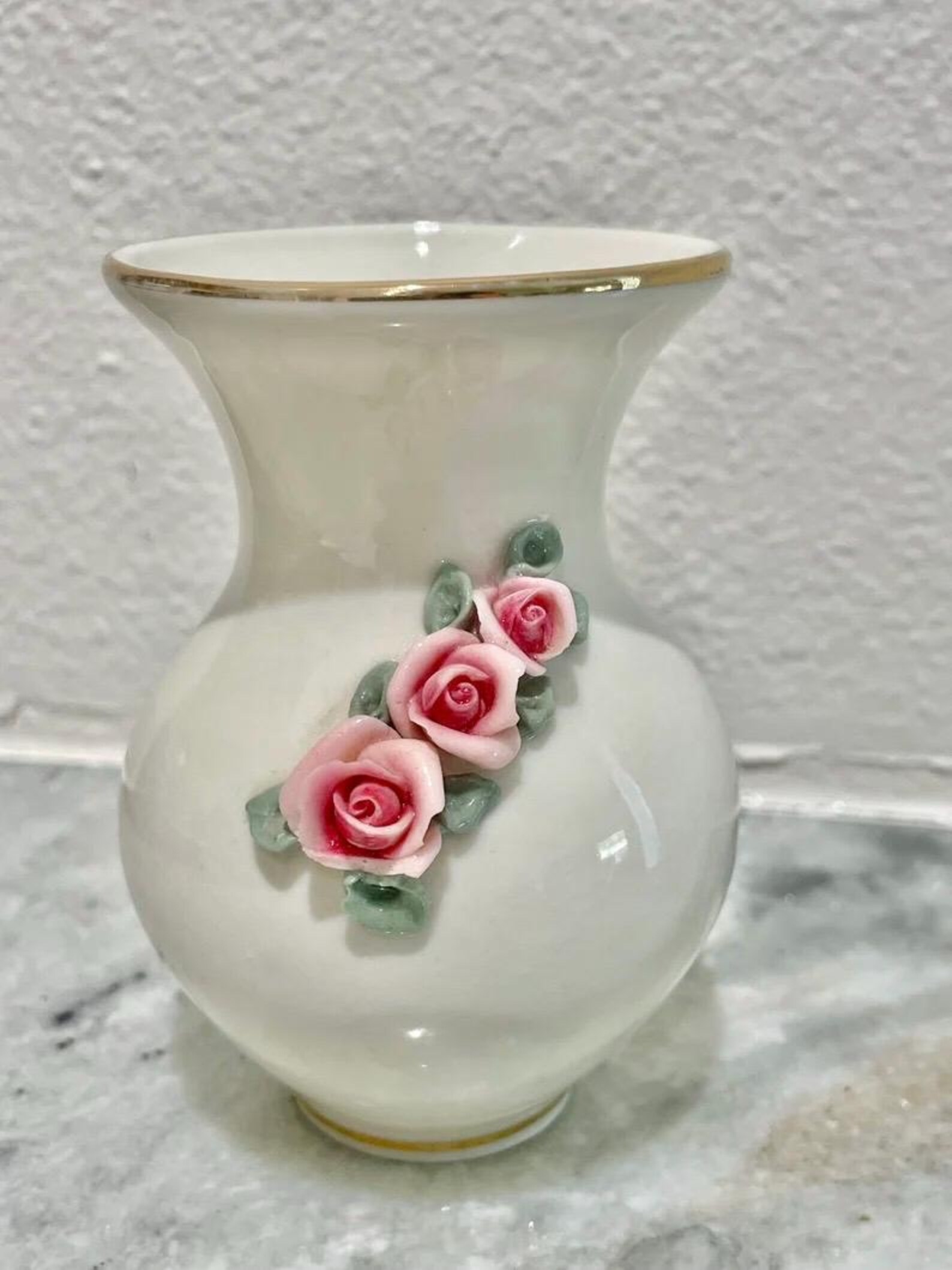 Dresden Trumpet Small Vintage 4 Vase Attached 3 Pink Roses W/ Gold Trim ...