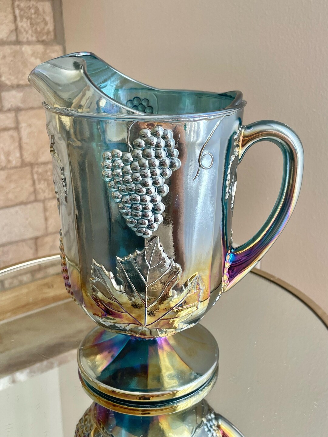 VTG Blue Iridescent Carnival Glass Water Pitcher Colony Harvest Grape ...
