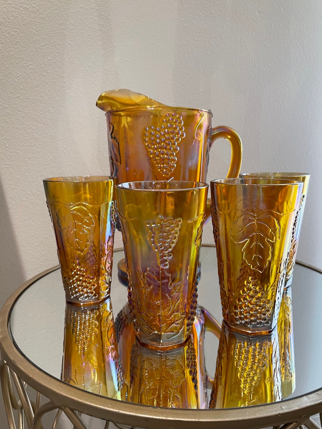 Carnival Amber Iridescent Water Pitcher Indiana Harvest Grape Pattern ...