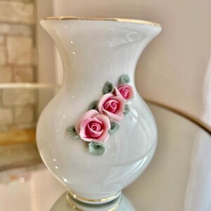 Dresden Trumpet Small Vintage 4” Vase Attached 3 Pink Roses W/ Gold ...