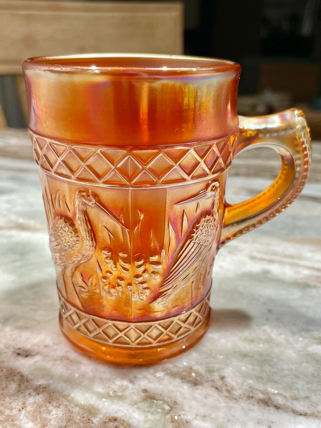 Carnival Dugan Stork & Rushes Lattice Band Marigold Glass Mug Cup Crane ...