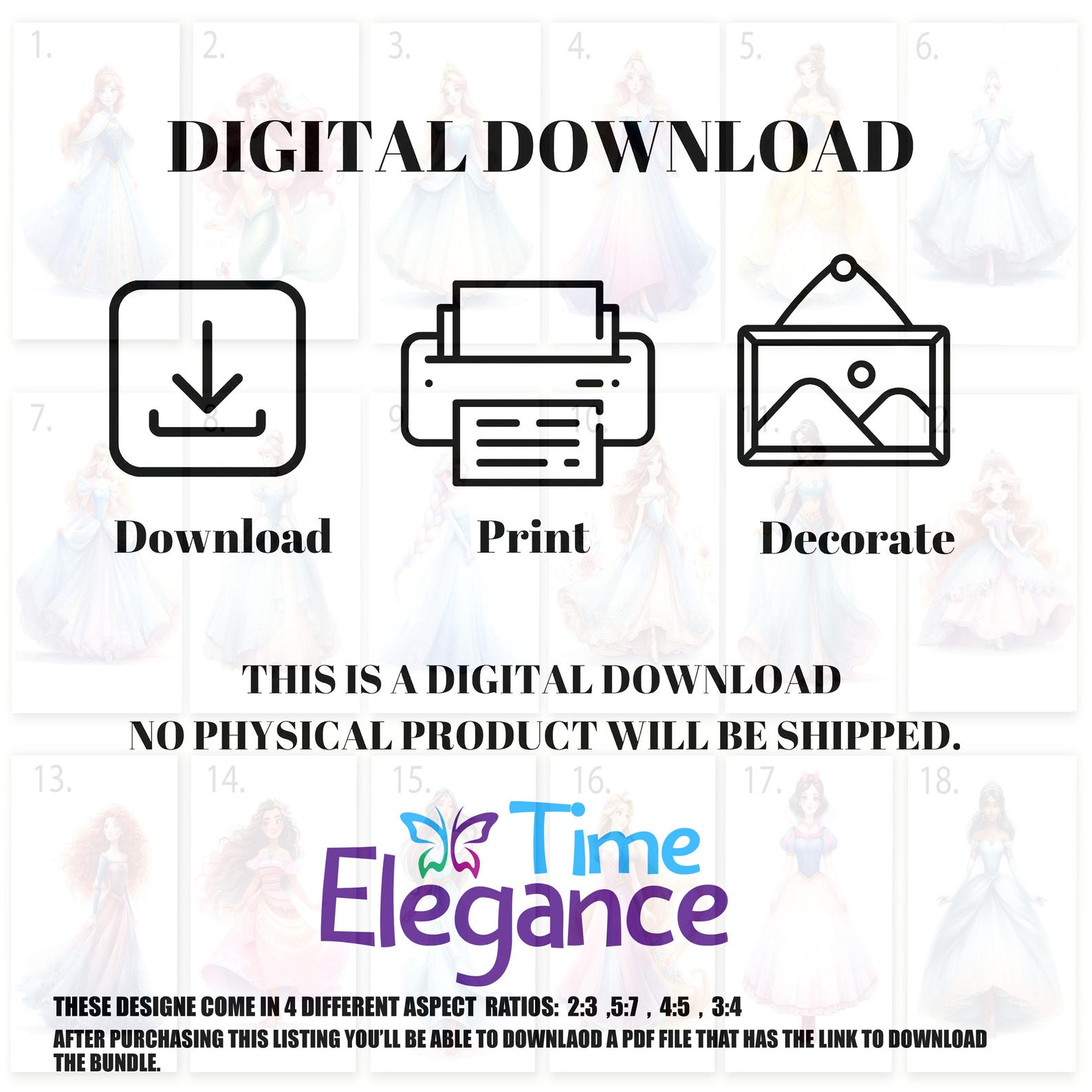 Set of 6 Digital Princess Inspired Nursery Wall Art, Set of 6 Prints ...