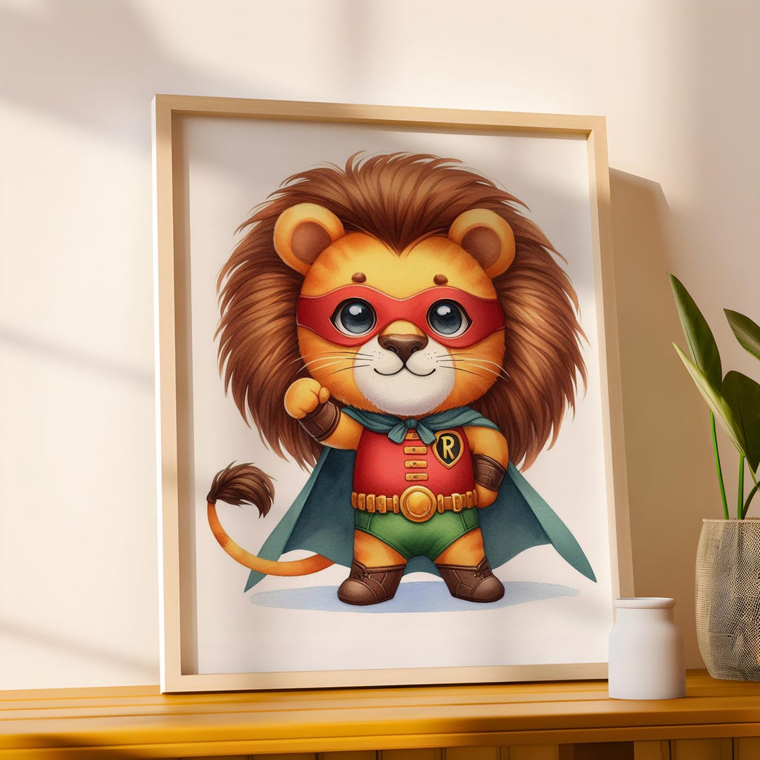 Lion Robbin Superhero, Cute Superhero Animals, Watercolor Baby Animal ...