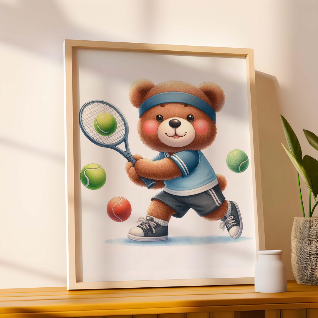 Tennis Player Bear, Sports Bear Animals, Nursery Boys Wall Art, Teddy ...