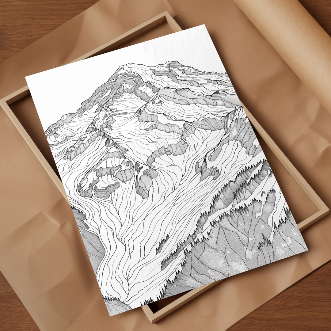 Mount Rainier Topographic Contour Line Drawing Detailed Depiction of ...