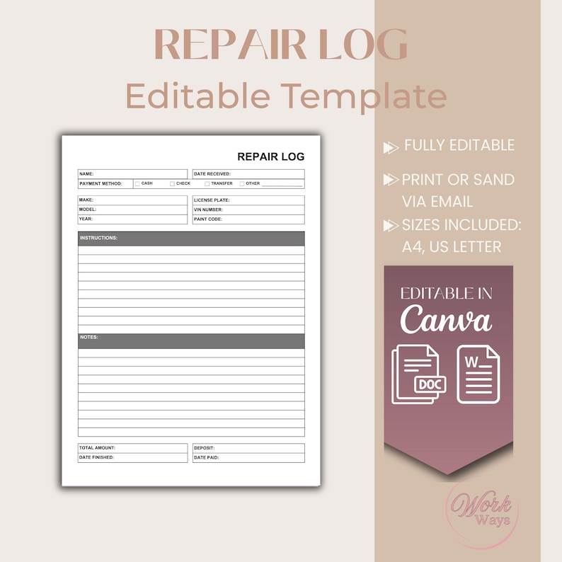 Vehicle Repair Log | Car Repair Log | Vehicle Repair Records | Editable ...