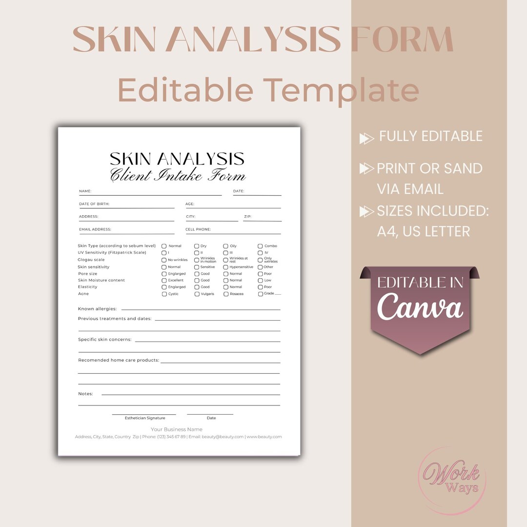 Skin Analysis Form, Skin Consultation Form, Beauty Clinic Esthetician ...
