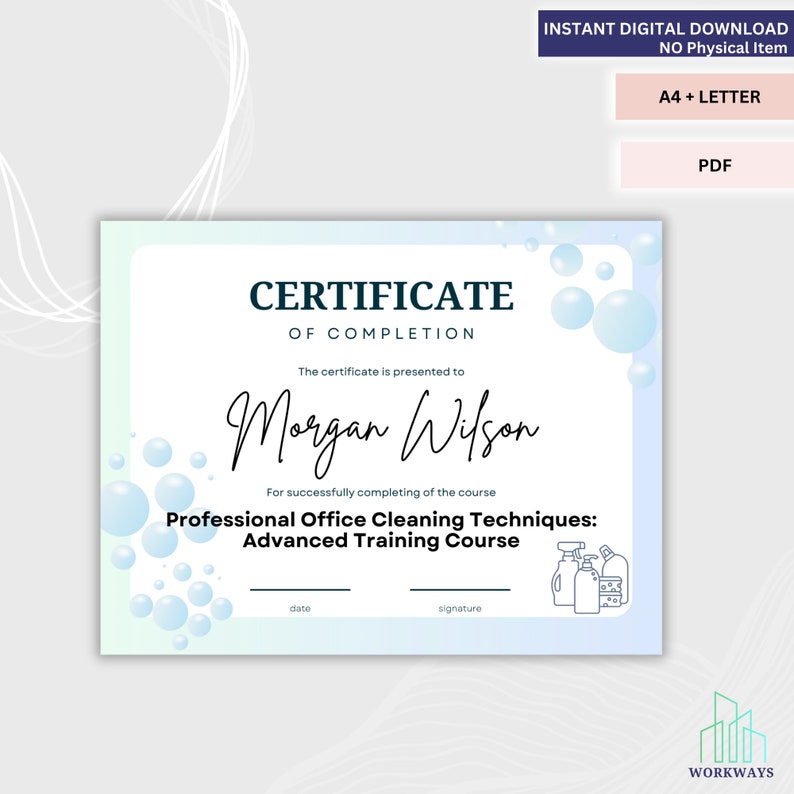 Certificate of Cleaning Trainings Completion | Cleaning Team Award ...