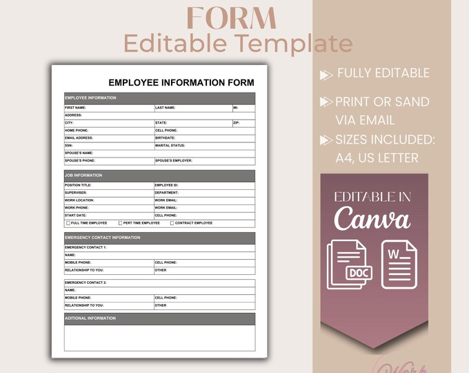 Employee Records Form | Employee Information Sheet Template | Instant ...