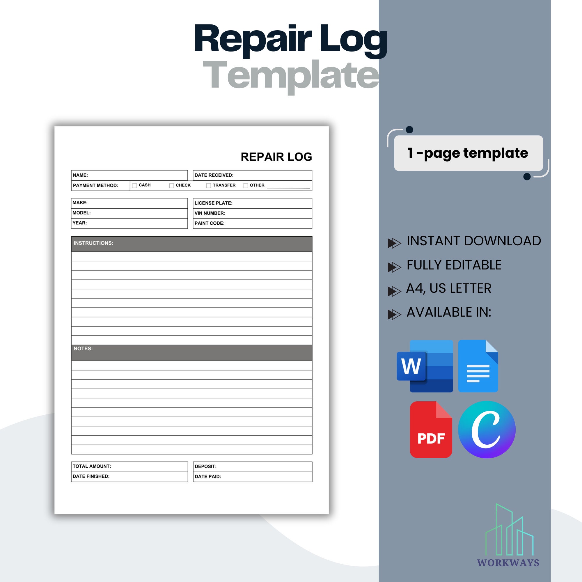 Vehicle Repair Log | Car Repair Log | Vehicle Repair Records | Editable ...
