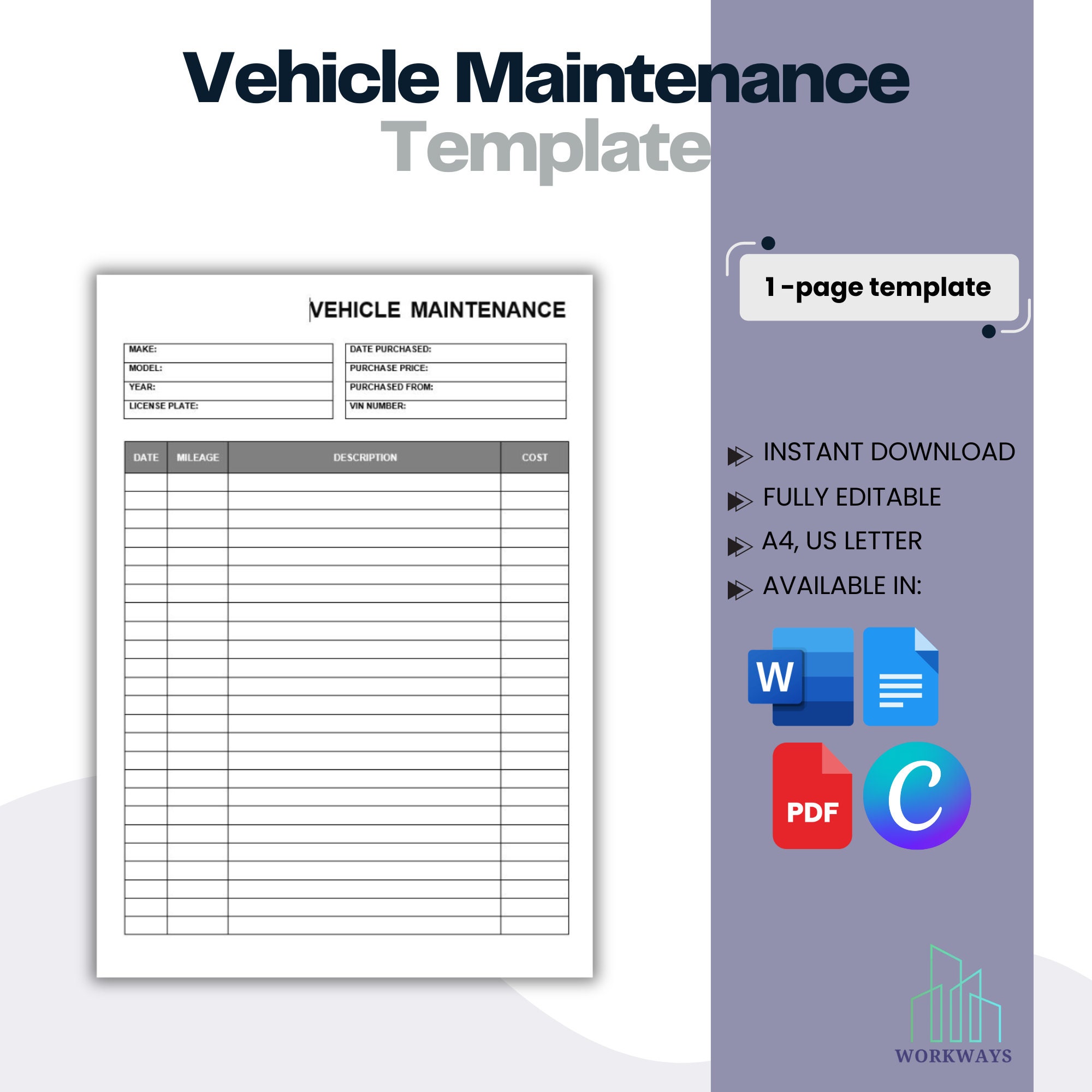 Vehicle Maintenance Car Repair Log Car Maintenance Log Editable ...