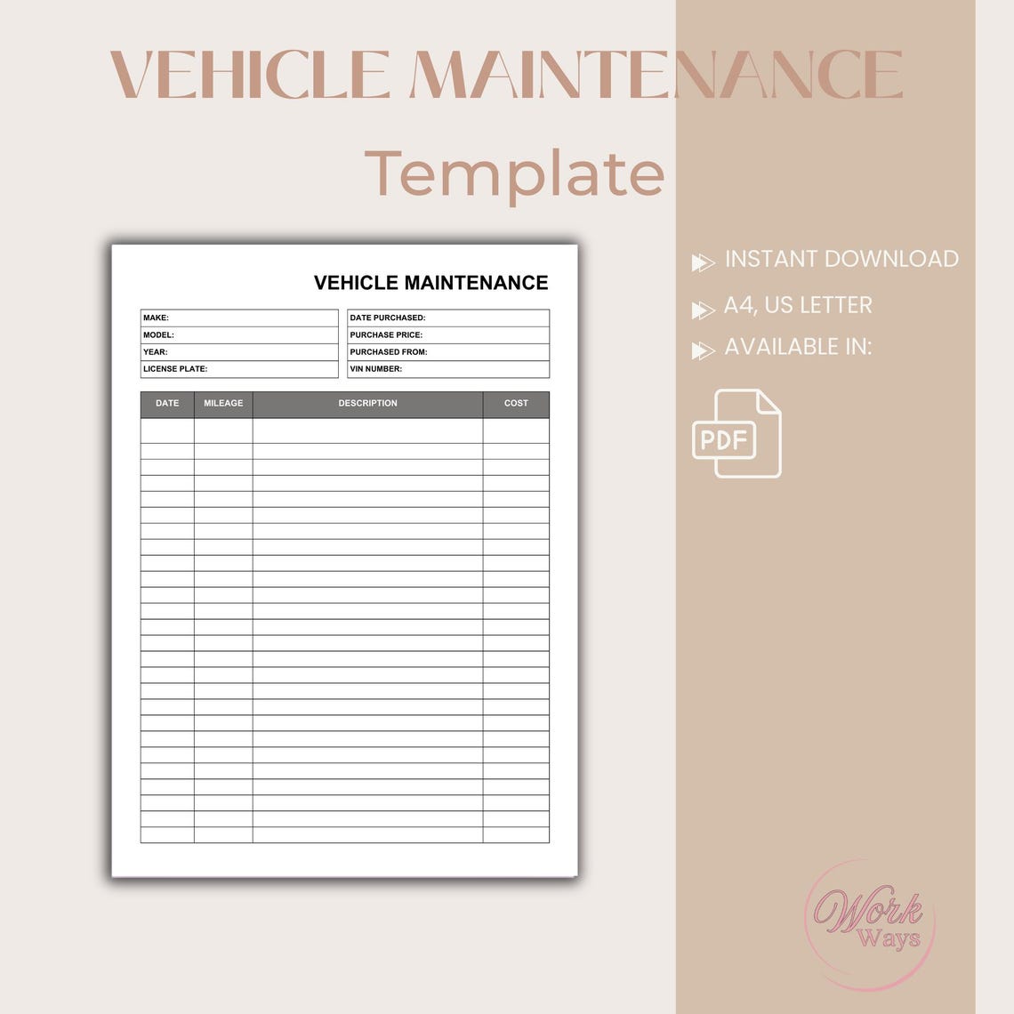 Printable Vehicle Maintenance Template | Car Repair Log| Car ...