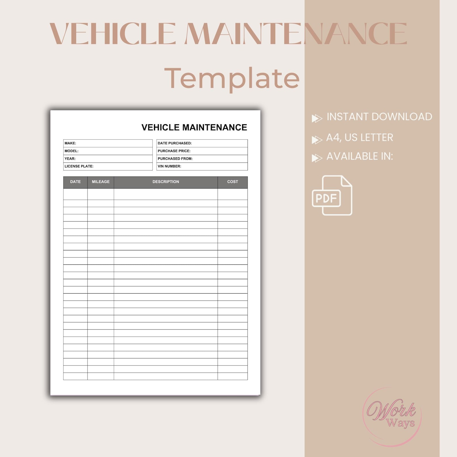 Printable Vehicle Maintenance Template | Car Repair Log| Car ...