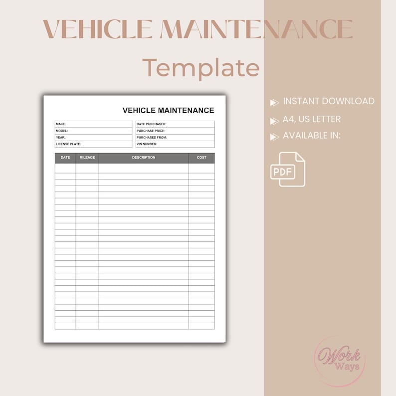 Printable Vehicle Maintenance Template | Car Repair Log| Car ...