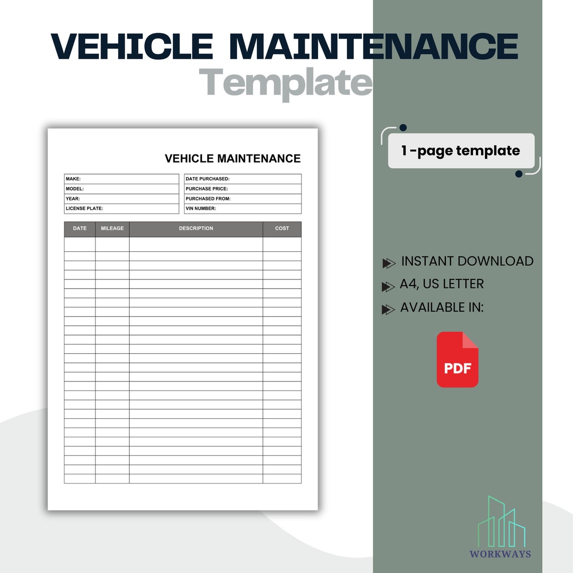 Printable Vehicle Maintenance Template | Car Repair Log| Car ...