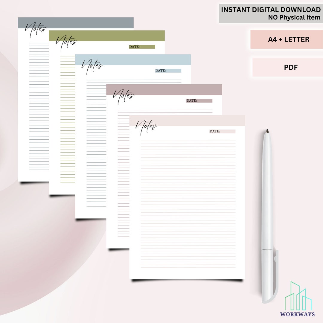 Lined Note Pages Notes Printable Notes Taken 5 Colors Set - Etsy