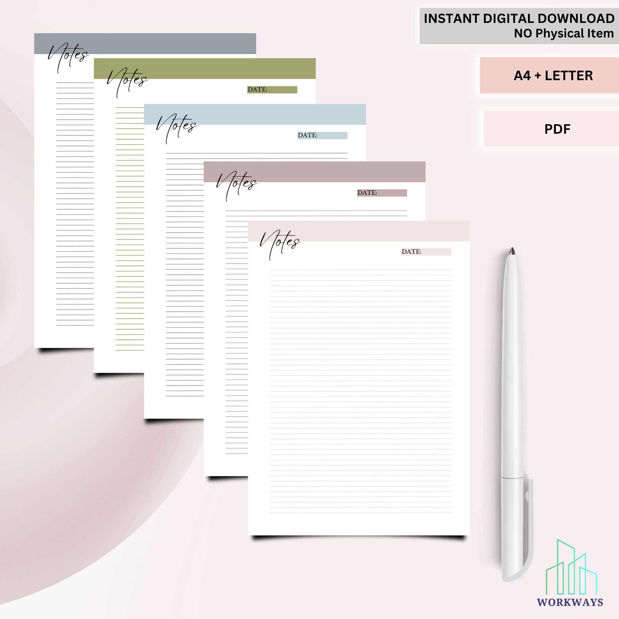 Notes Printable Lined Notes Template Notes Taken 5 Colors Set - Etsy