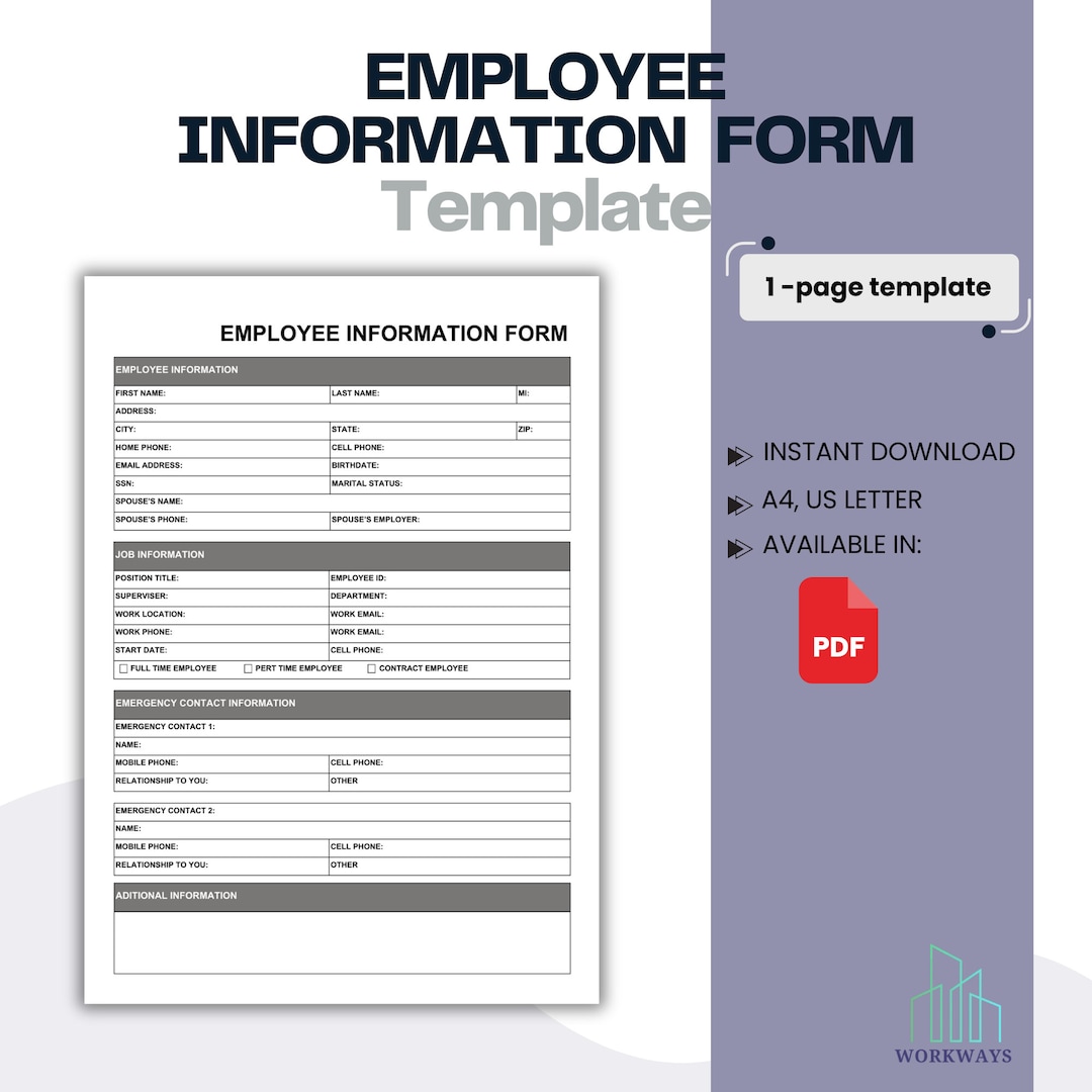 Printable Employee Information Form | New-hire Form | HR Template ...