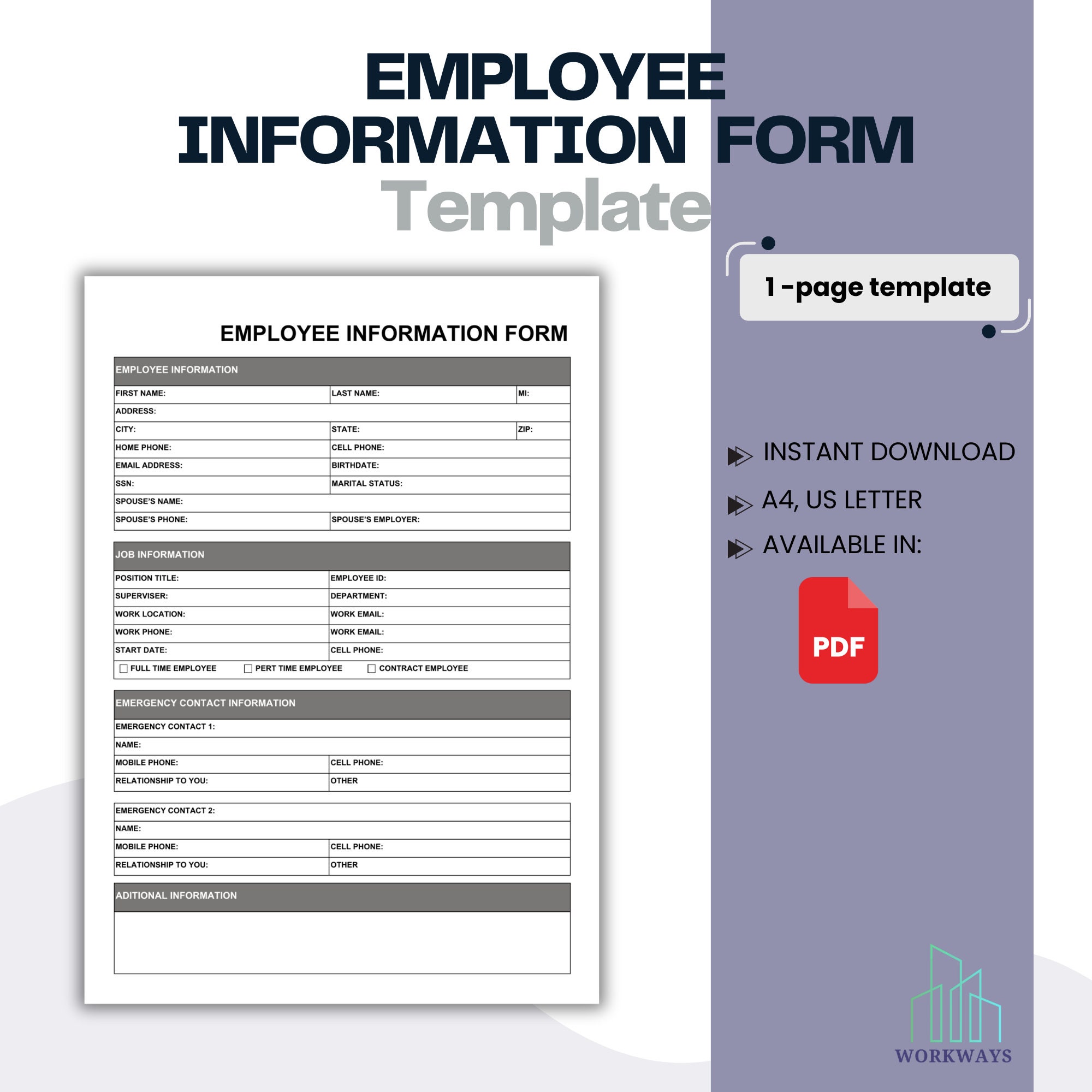 Printable Employee Information Form | New-hire Form | HR Template ...